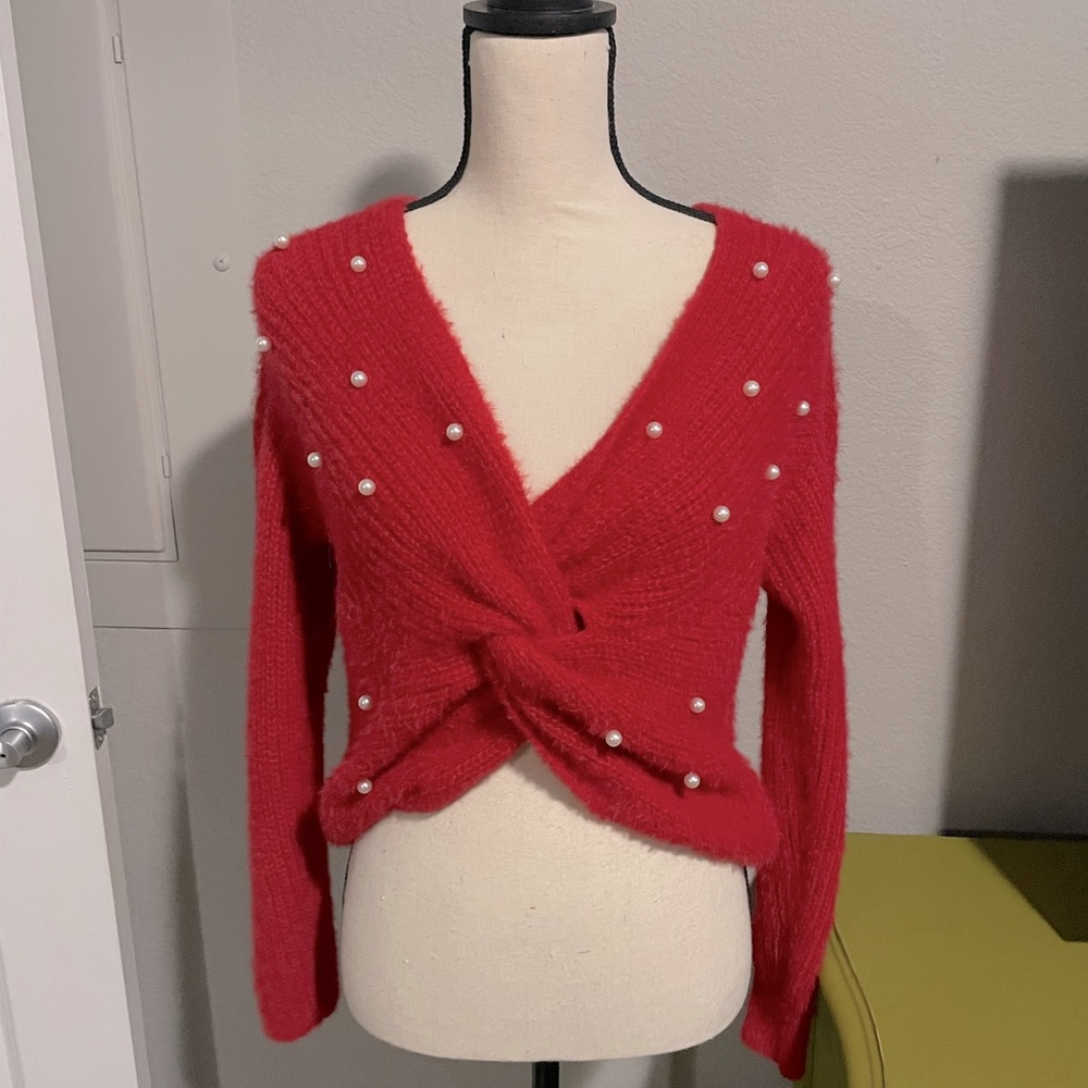 No Boundaries Red Wrap Sweater With Pearl Detail M - Gem